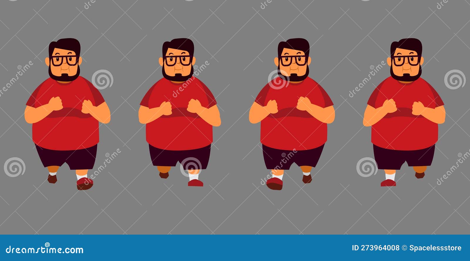 Fat Man with Glasses Wearing Red Shirt Running for Animation Set Stock ...