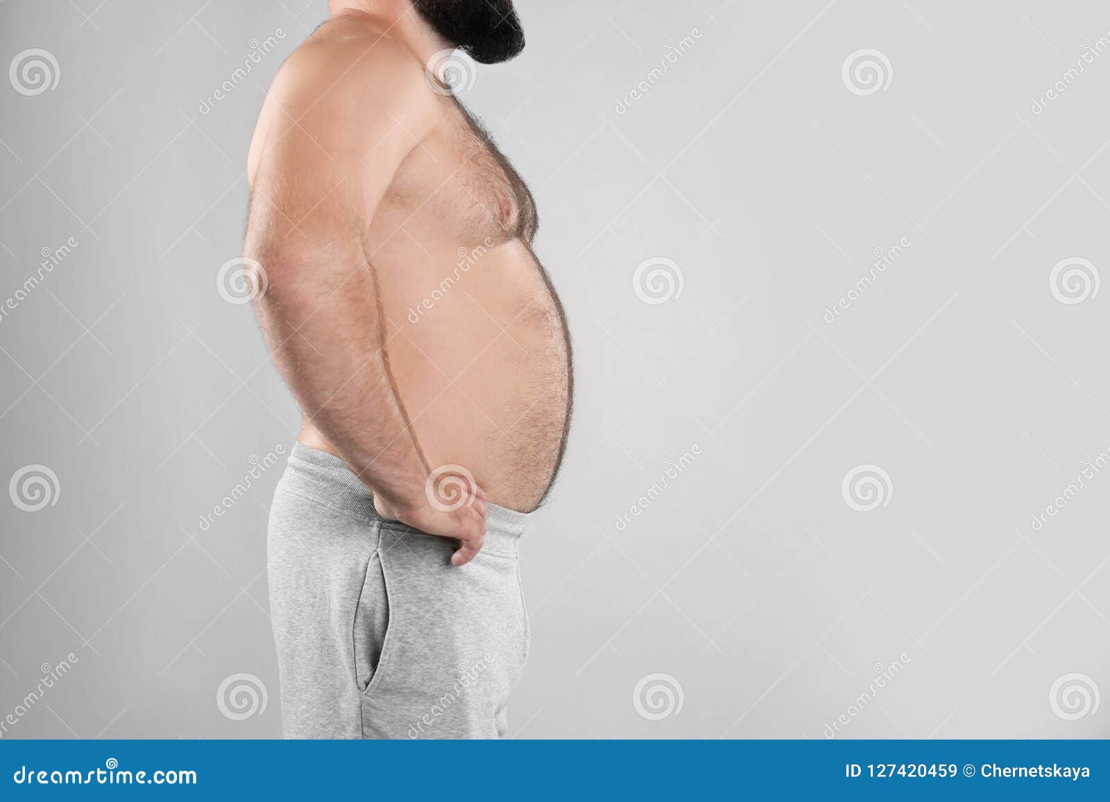 Fat Man on Grey Background, Space for Text Stock Image - Image of grey ...
