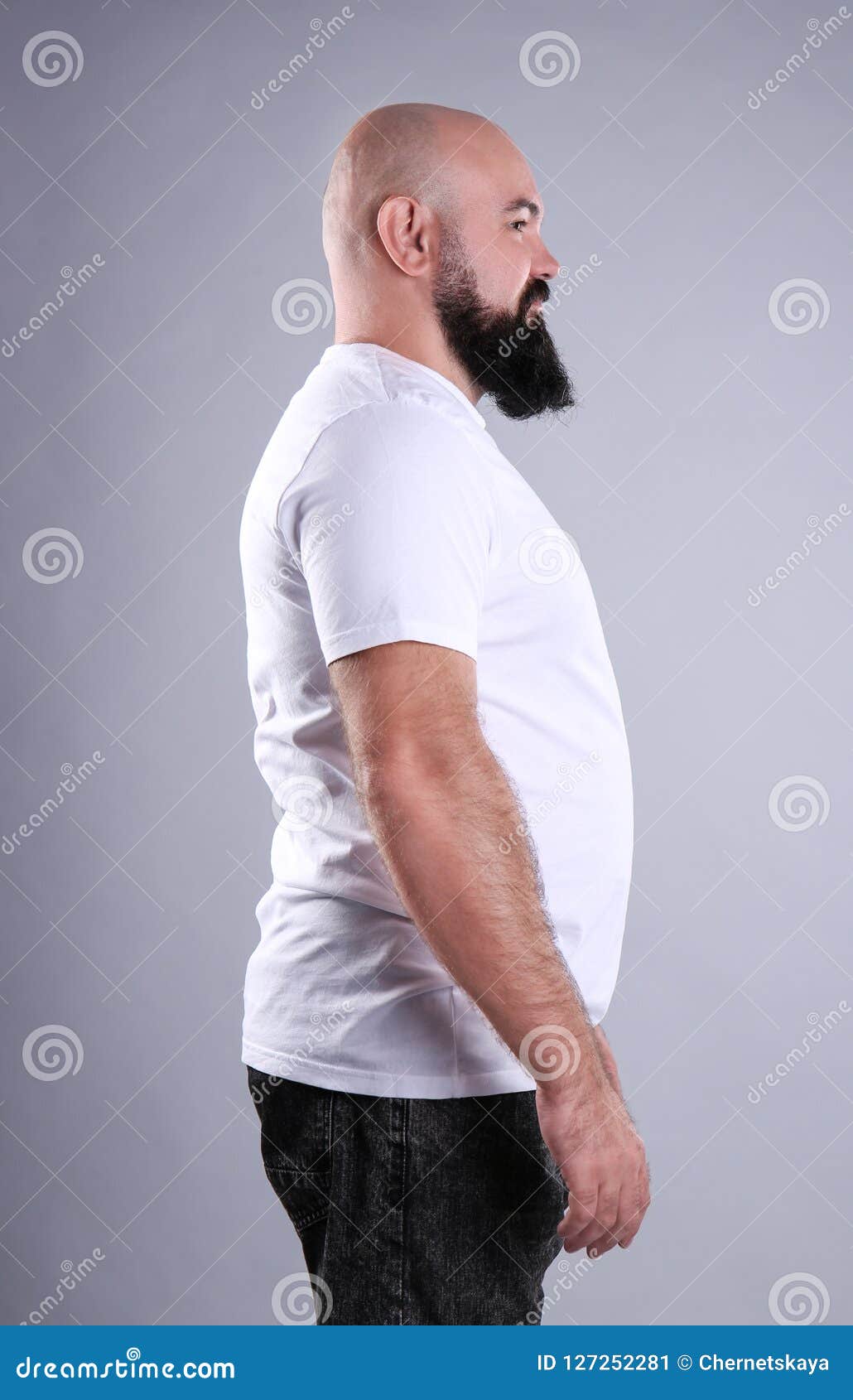 Fat man on grey background stock image. Image of attitude - 127252281