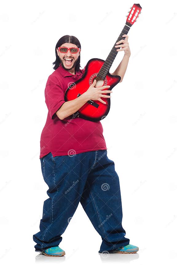 Fat Man with Guitar Isolated on White Stock Photo - Image of health ...