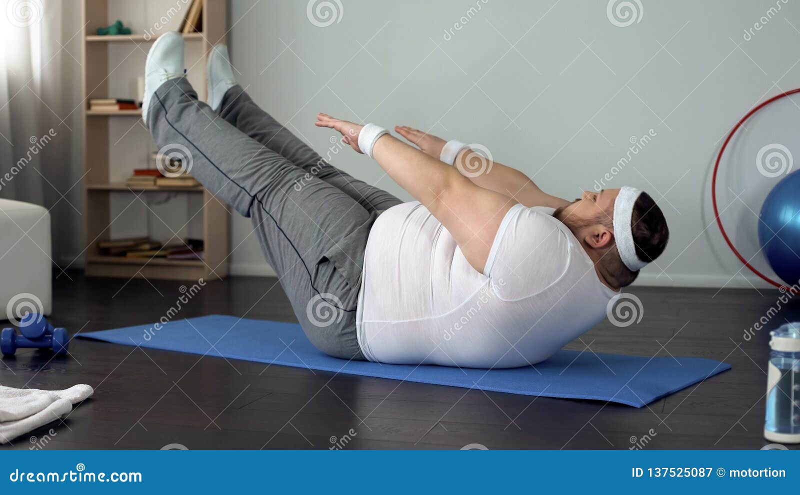 Fat Man Practicing Abdominal Static Exercise, Strength and Endurance ...