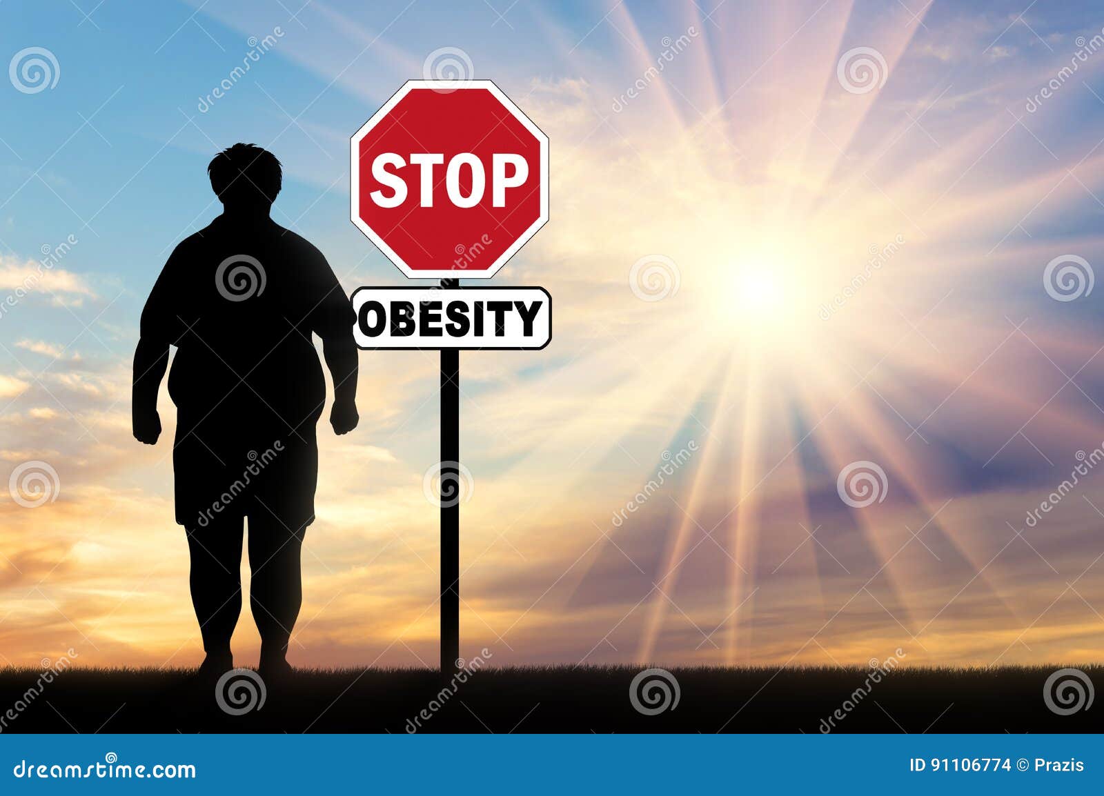 Fat Man and a Sign of Stop Obesity Stock Photo - Image of lose ...