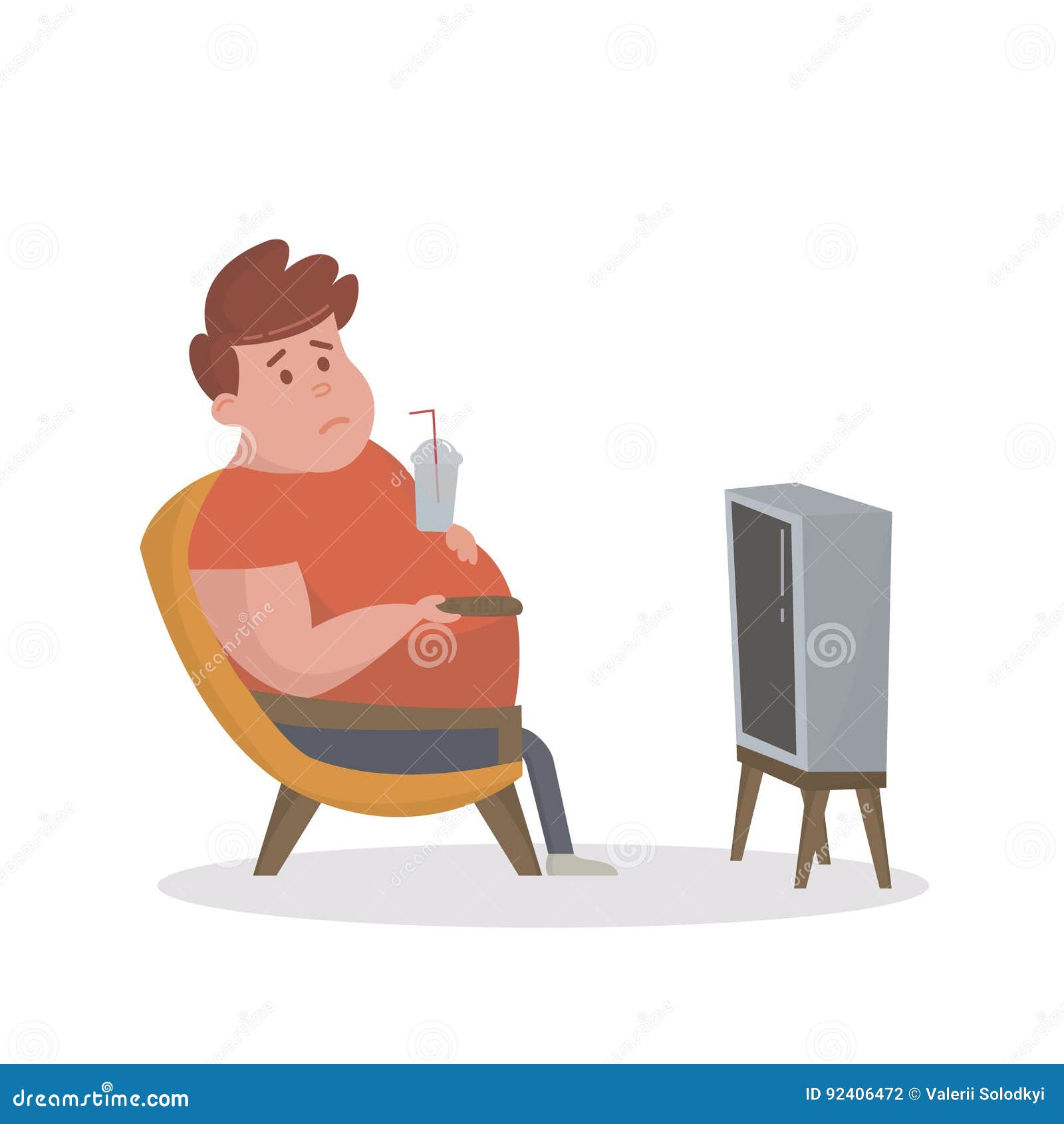 Fat Man Sitting On The Couch And Watching TV. Vector Illustration ...