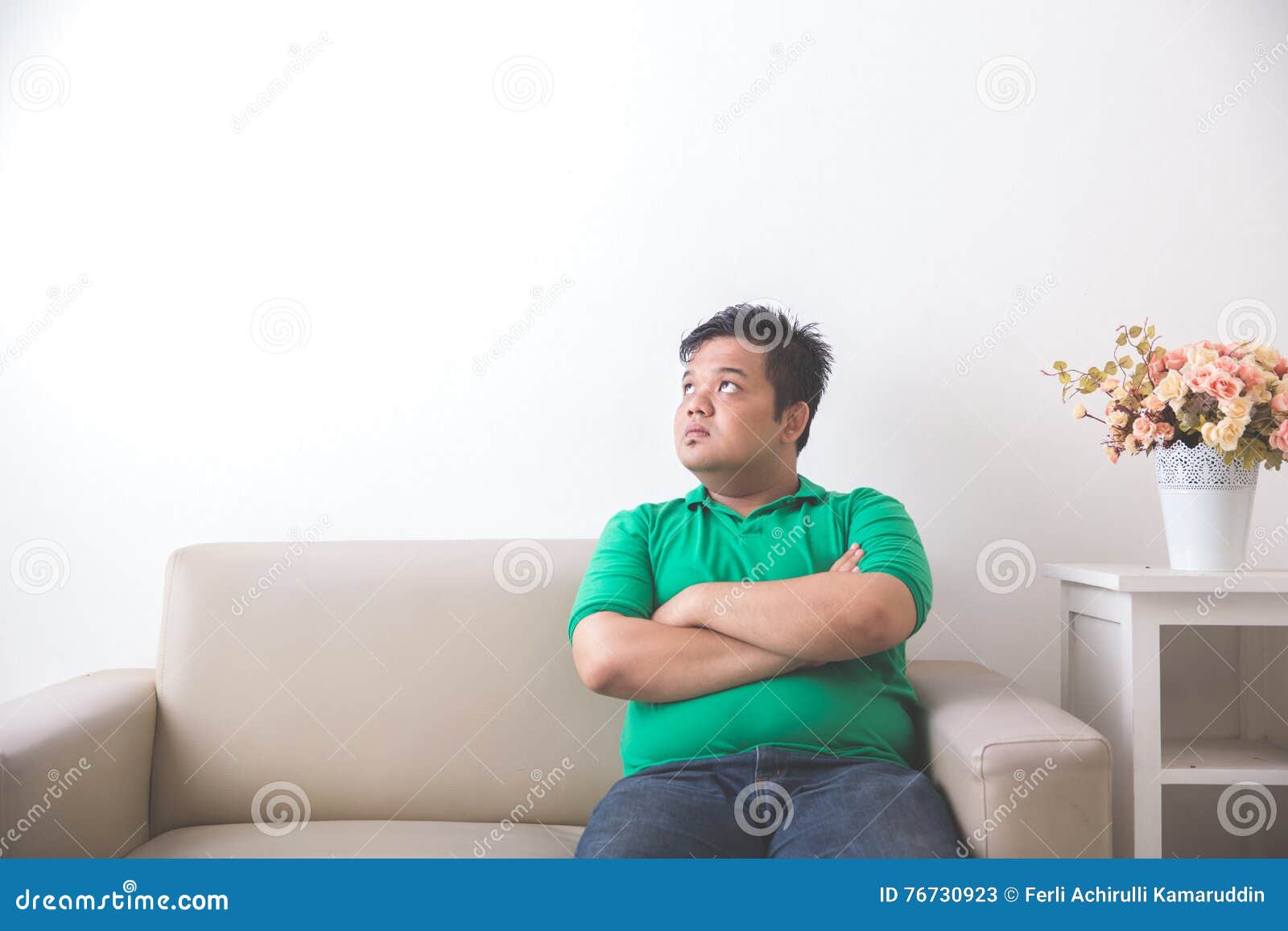 Fat Man Thinking and Looking Up To Copyspace Stock Image - Image of ...