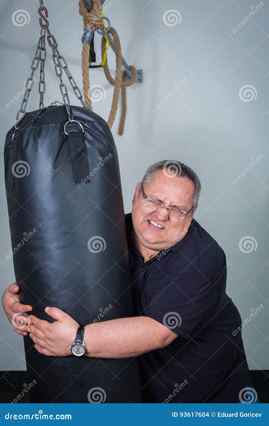 Fat man trains box in gym stock photo. Image of high - 93617604