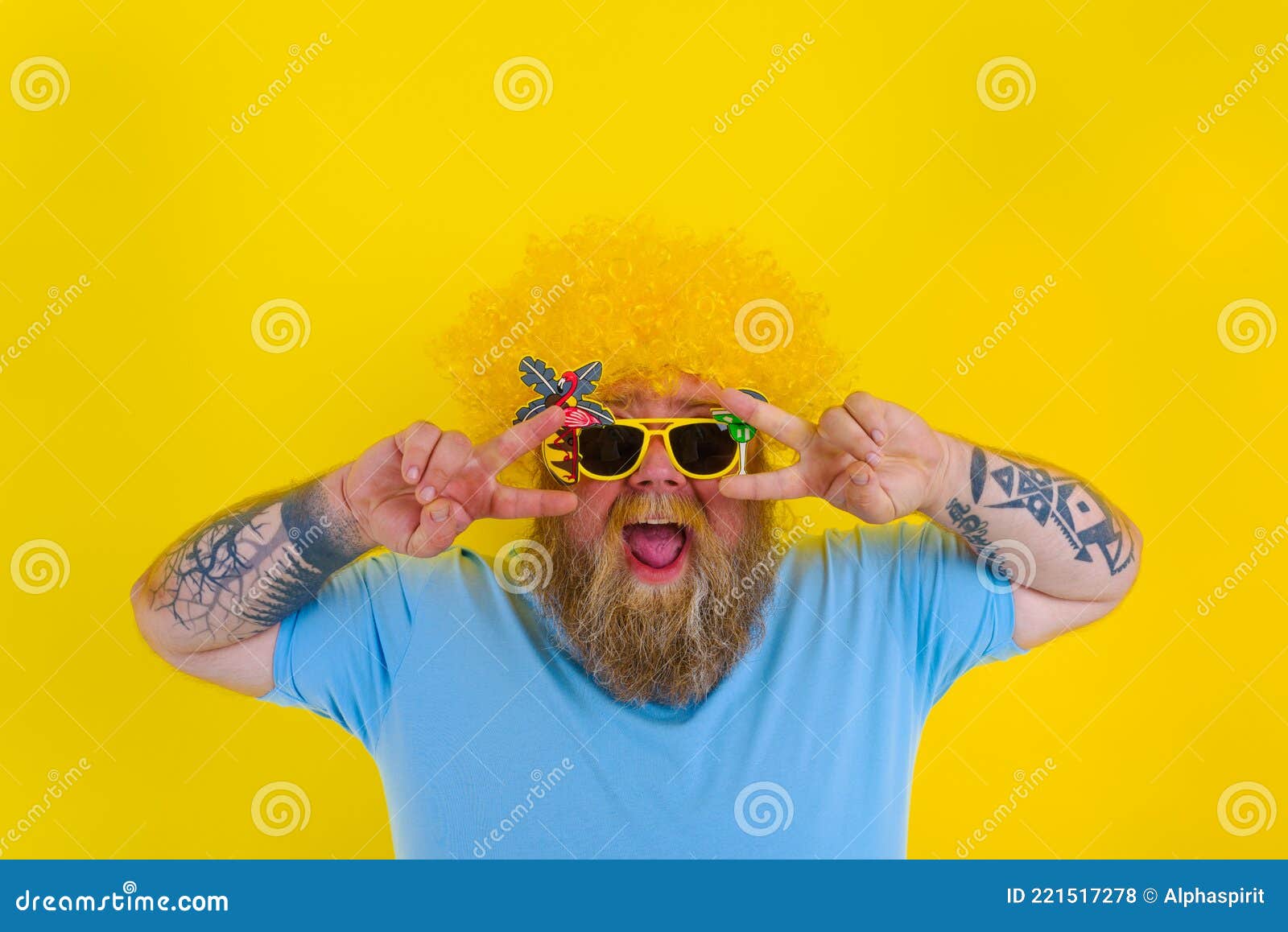 Fat Man with Wig in Head and Sunglasses Dances Stock Photo - Image of ...
