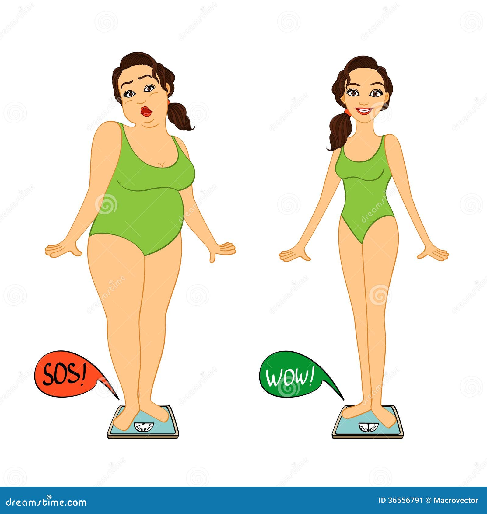 Fat To Slim Woman Weight Loss Transformation Front Vector Illustration
