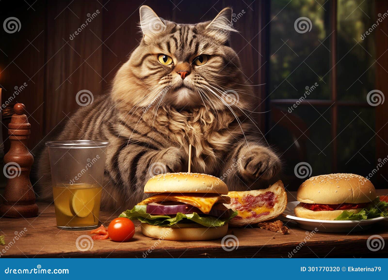 A Fat Tabby Cat Seating Behind the Table, Eating Burgers and Drinking ...