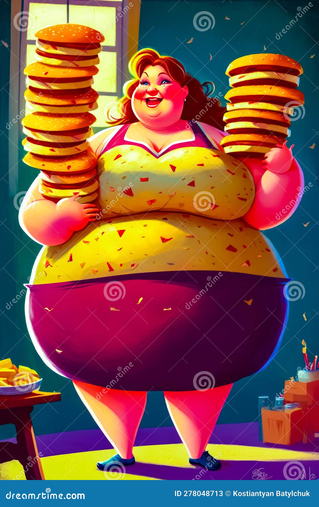Fat Woman Holding Giant Stack of Pancakes in Front of Window ...
