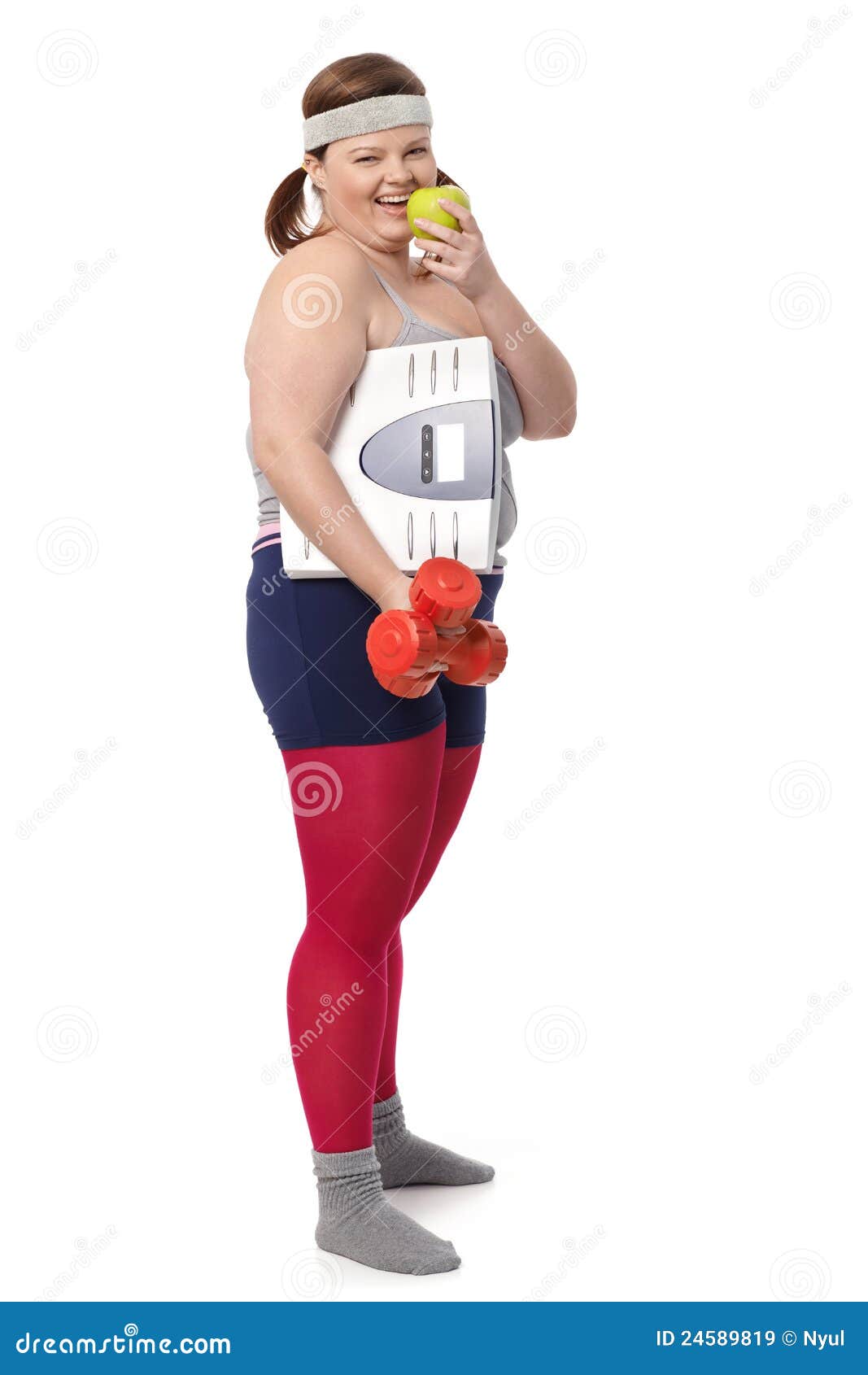 Fat Woman with Scale Green Apple and Dumbbells Stock Image - Image of ...