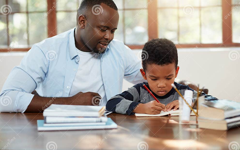 Father, Boy and Help with Homework in Home for Education, Learning and Support with Care. Black ...