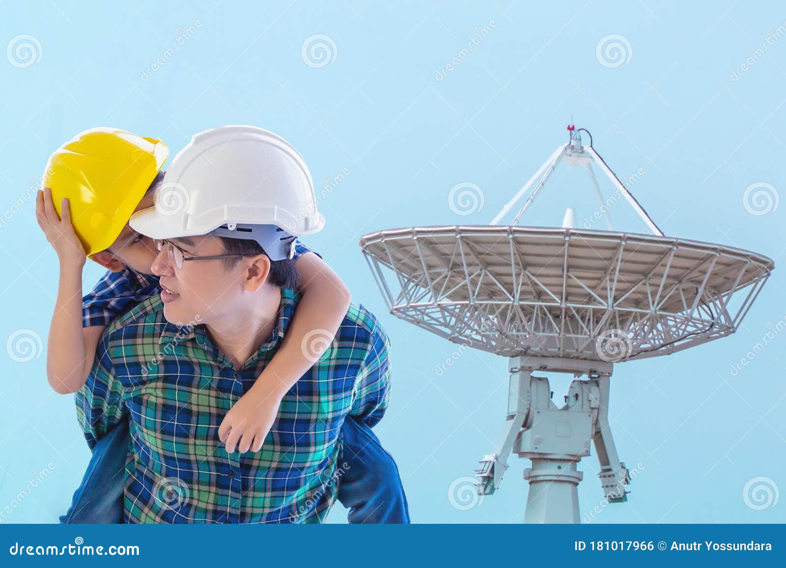 Father Builder Carrying His Son in Modern Settle Lite Communication ...