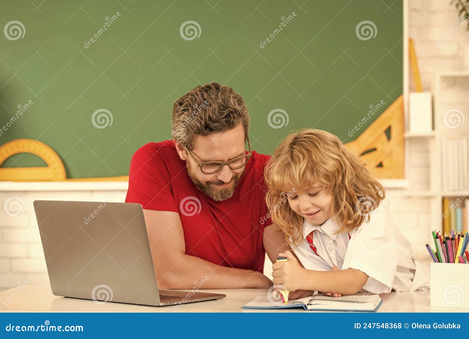 Father and Child Study in Classroom with Laptop, Knowledge Stock Photo ...