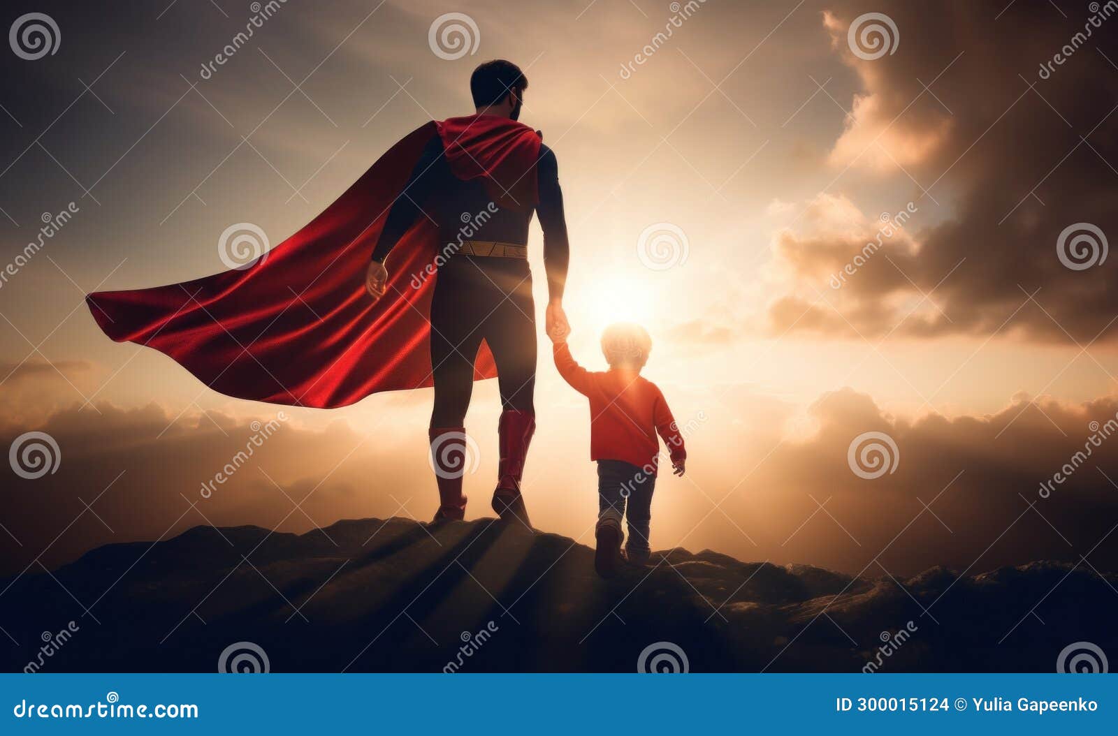 Father and Child in Superhero Capes with the Sun Light Stock Photo ...