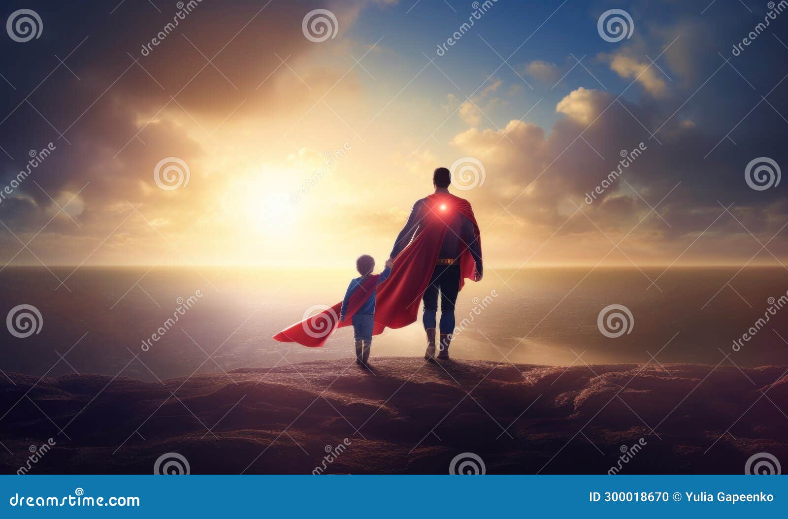Father and Child in Superhero Capes with the Sun Light Stock Photo ...