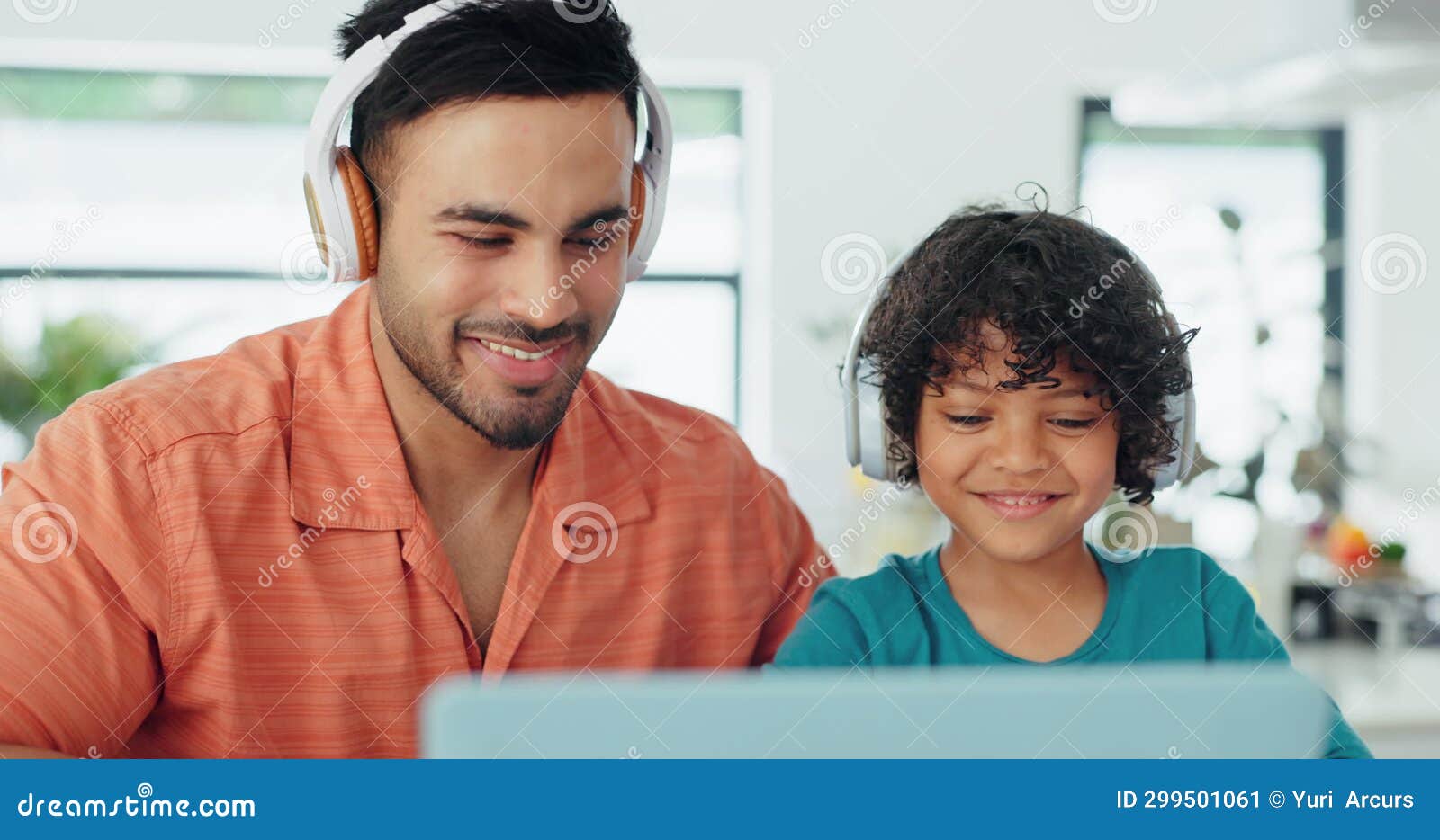 Father, Child and Video Call on Computer for Home Education, E Learning Support and Helping with ...