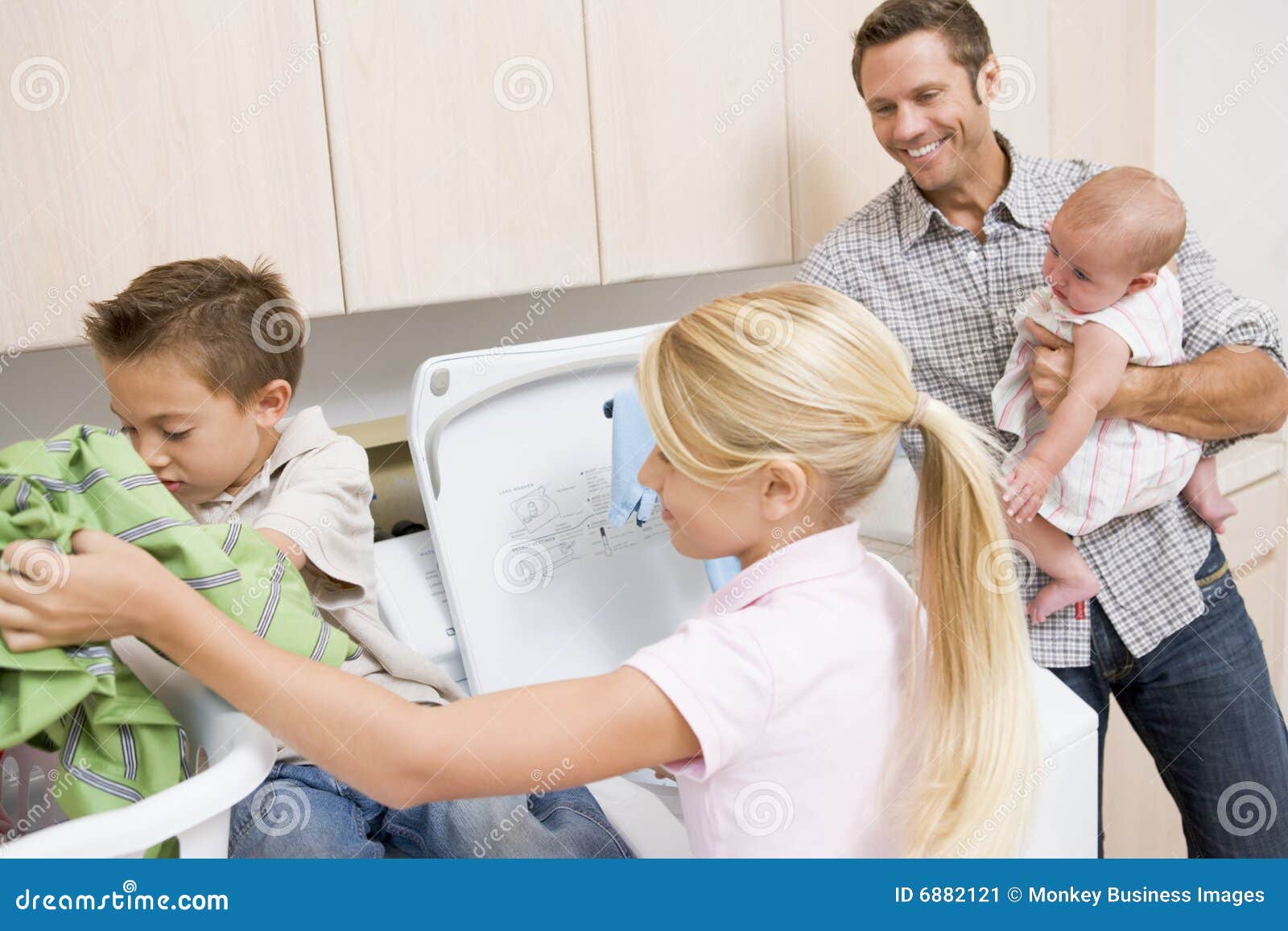 Father and Children Doing Laundry Stock Image - Image of girl ...