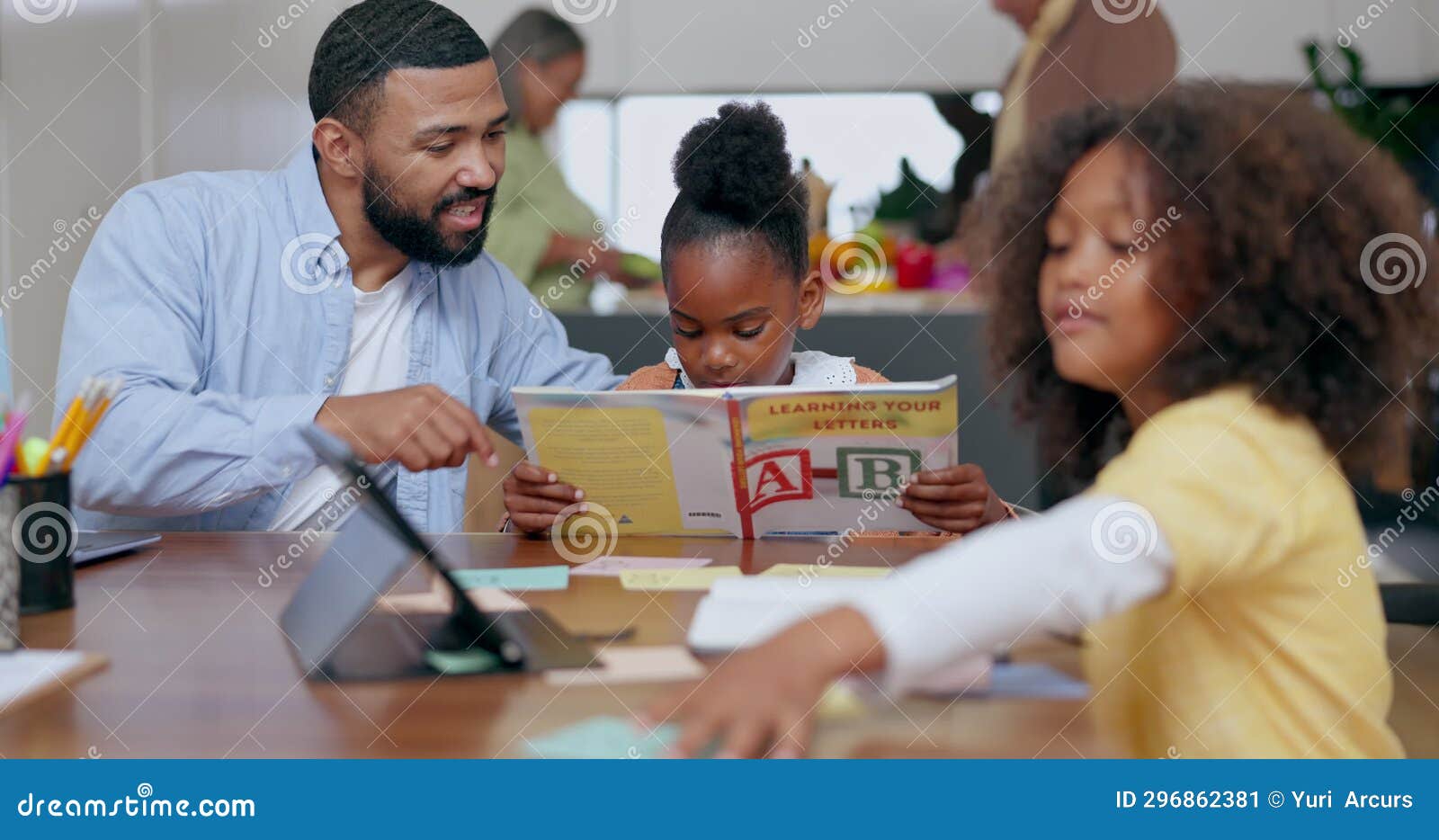 Father, Children and Reading Book for Learning at Table in Home ...