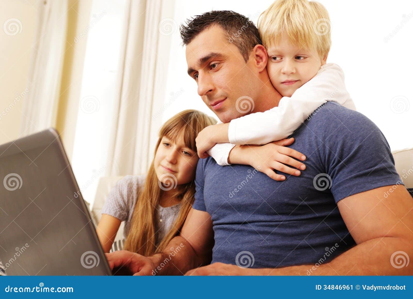 Father with Children Working on Laptop Computer Stock Image - Image of ...