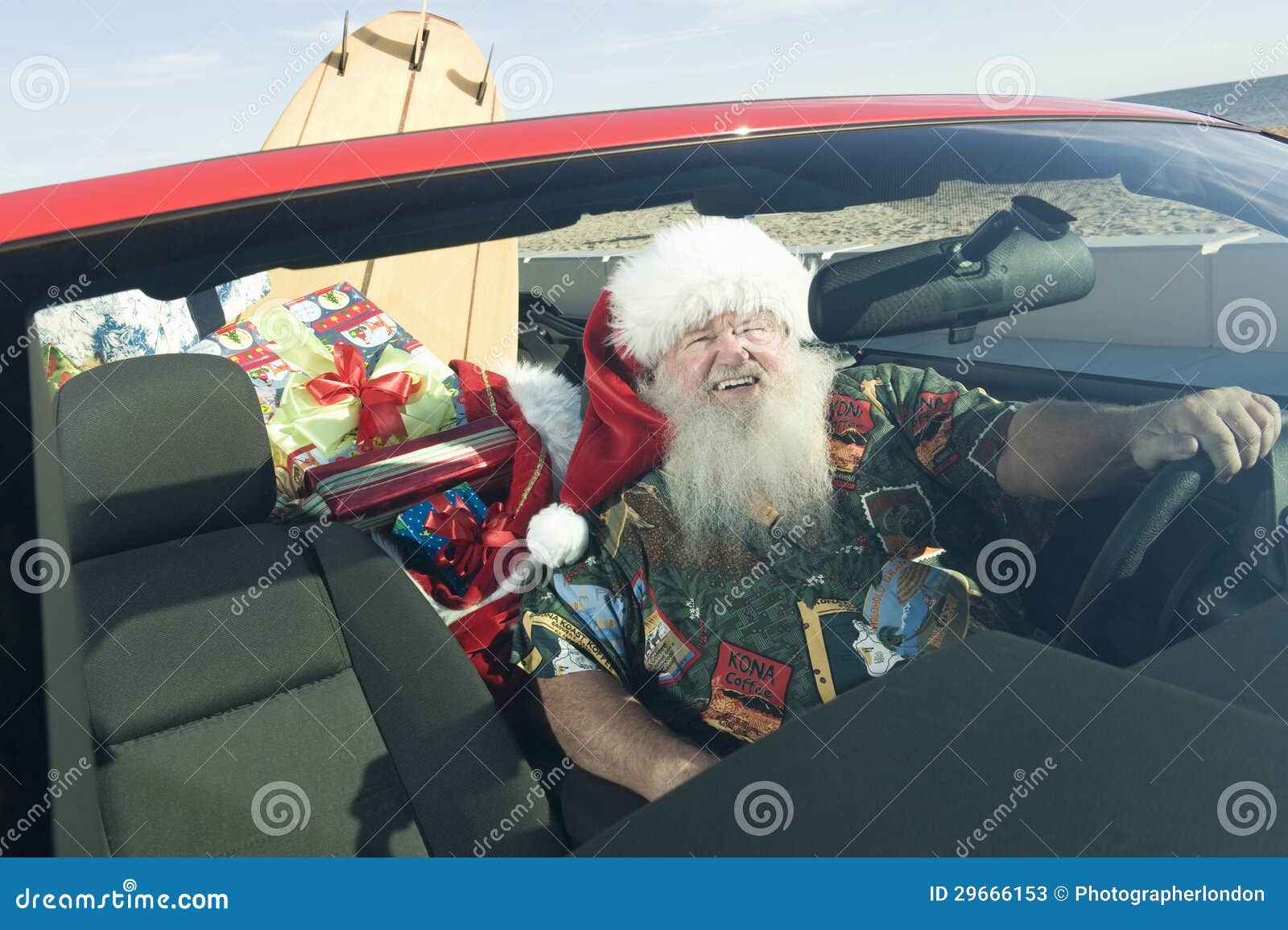 Father Christmas in Convertible with Surfboard Stock Image - Image of ...