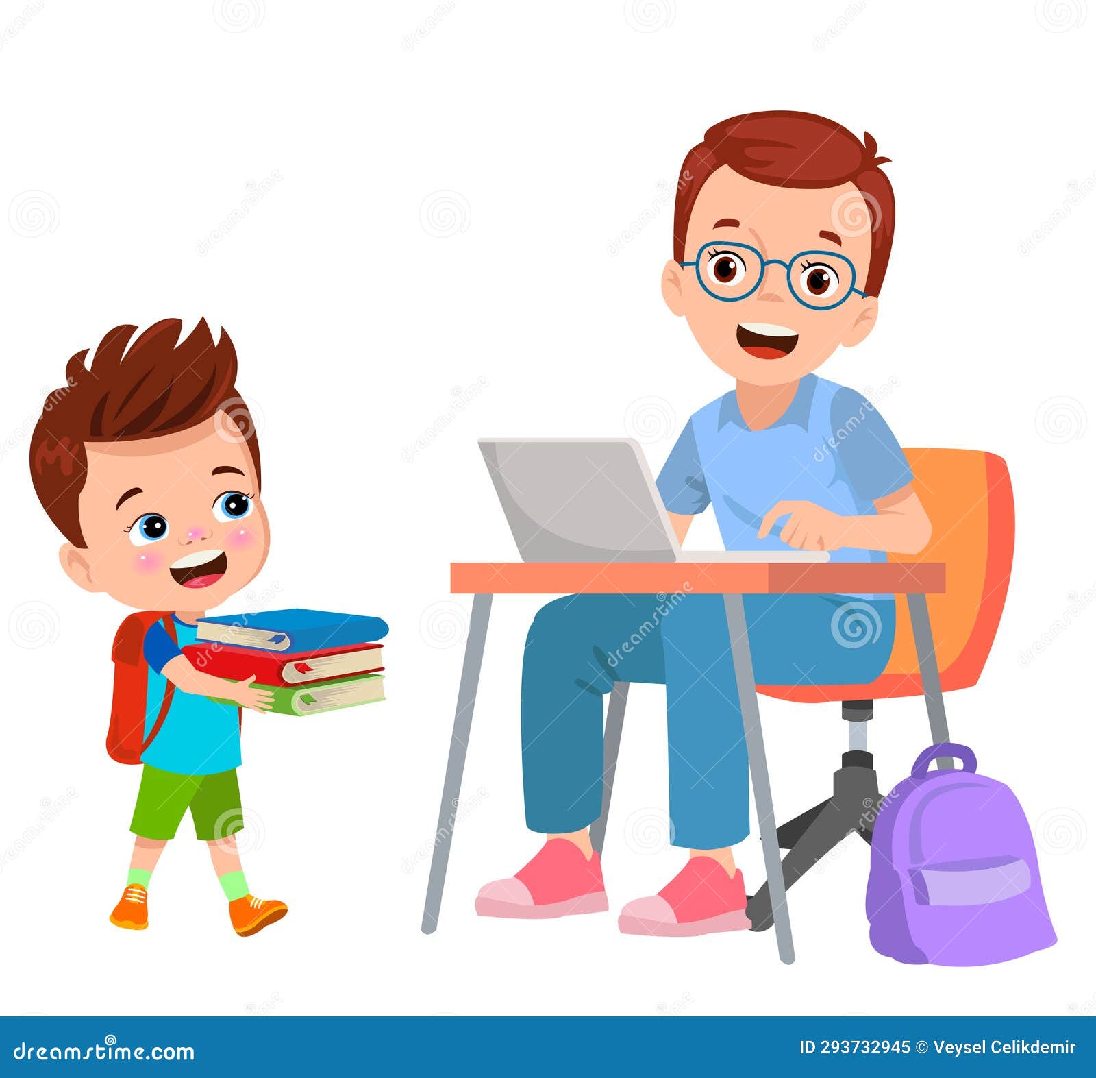 Father Working with His Computer at the Table and Child with Books in ...