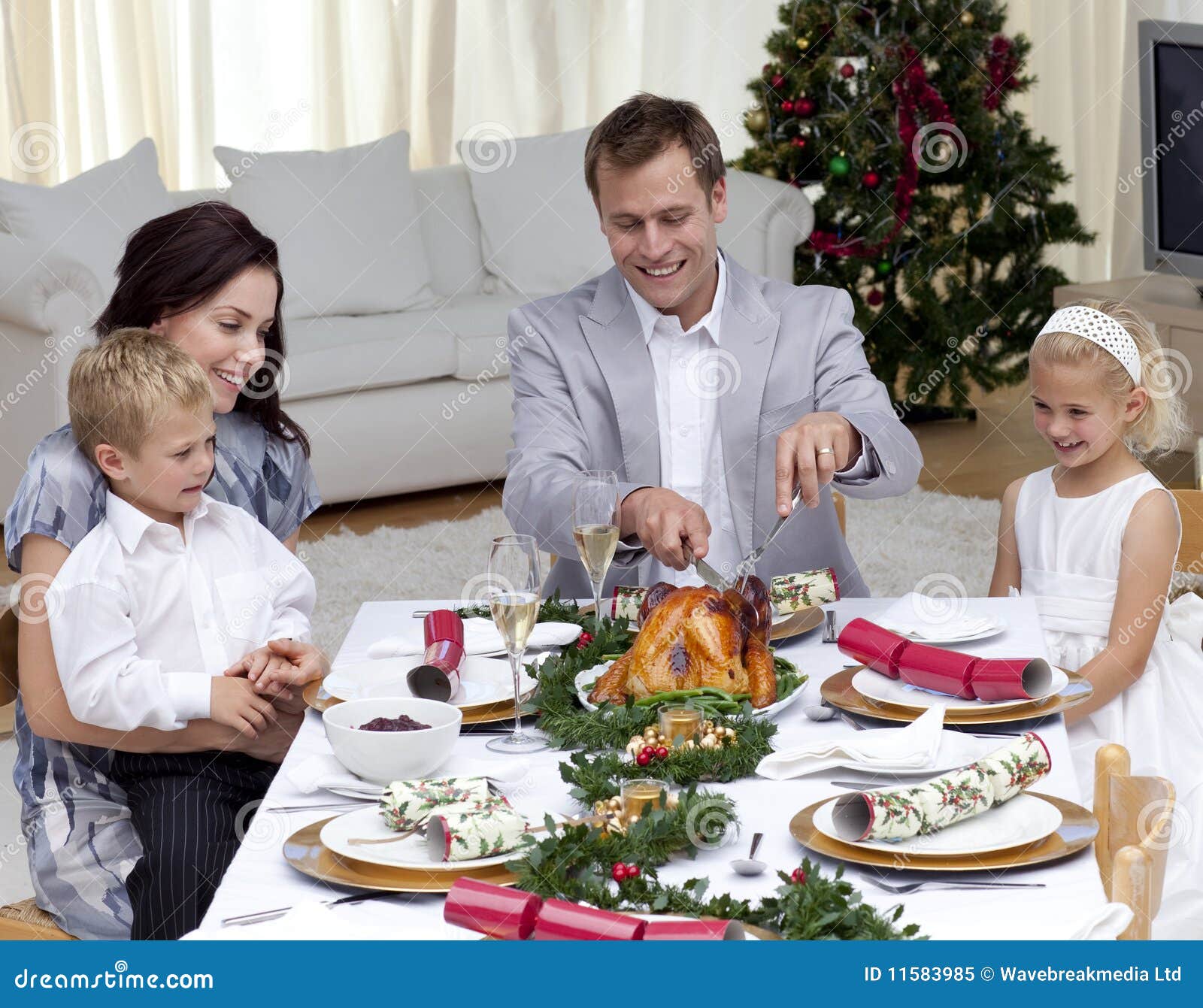 Father Cutting a Turkey in Christmas Dinner Stock Image - Image of ...