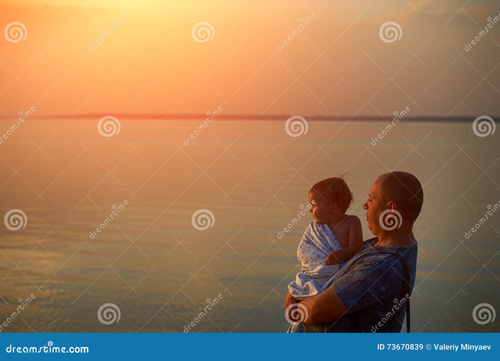 Father and Daughter Admiring the Sunset on the Lake Stock Image - Image ...