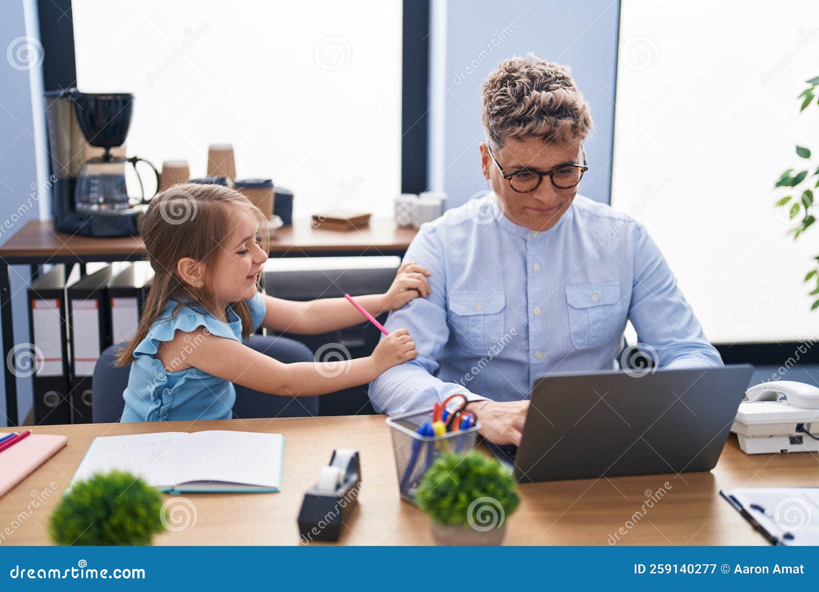 Father and Daughter Business Worker and Student Studying and Working at ...