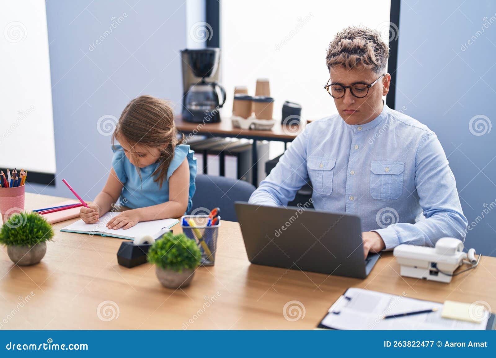 Father and Daughter Business Worker and Student Studying and Working at ...