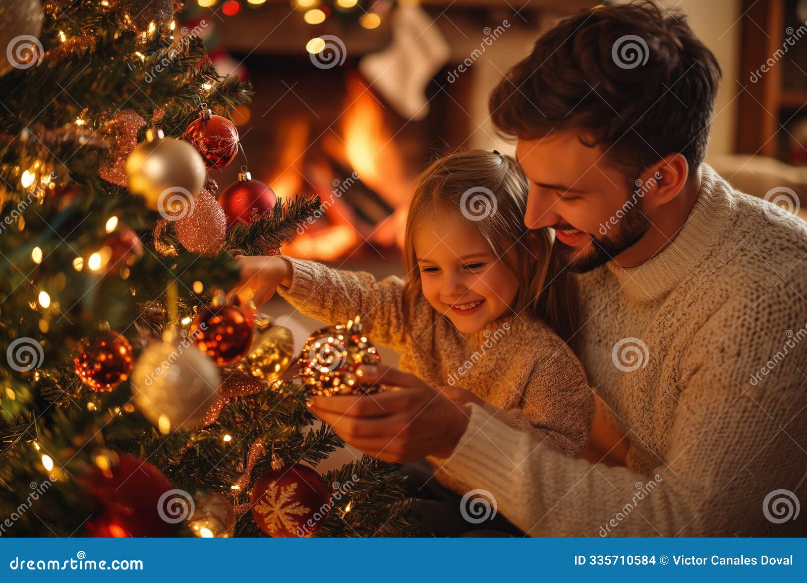 Father and Daughter Enjoy Decorating a Christmas Tree Together Stock ...