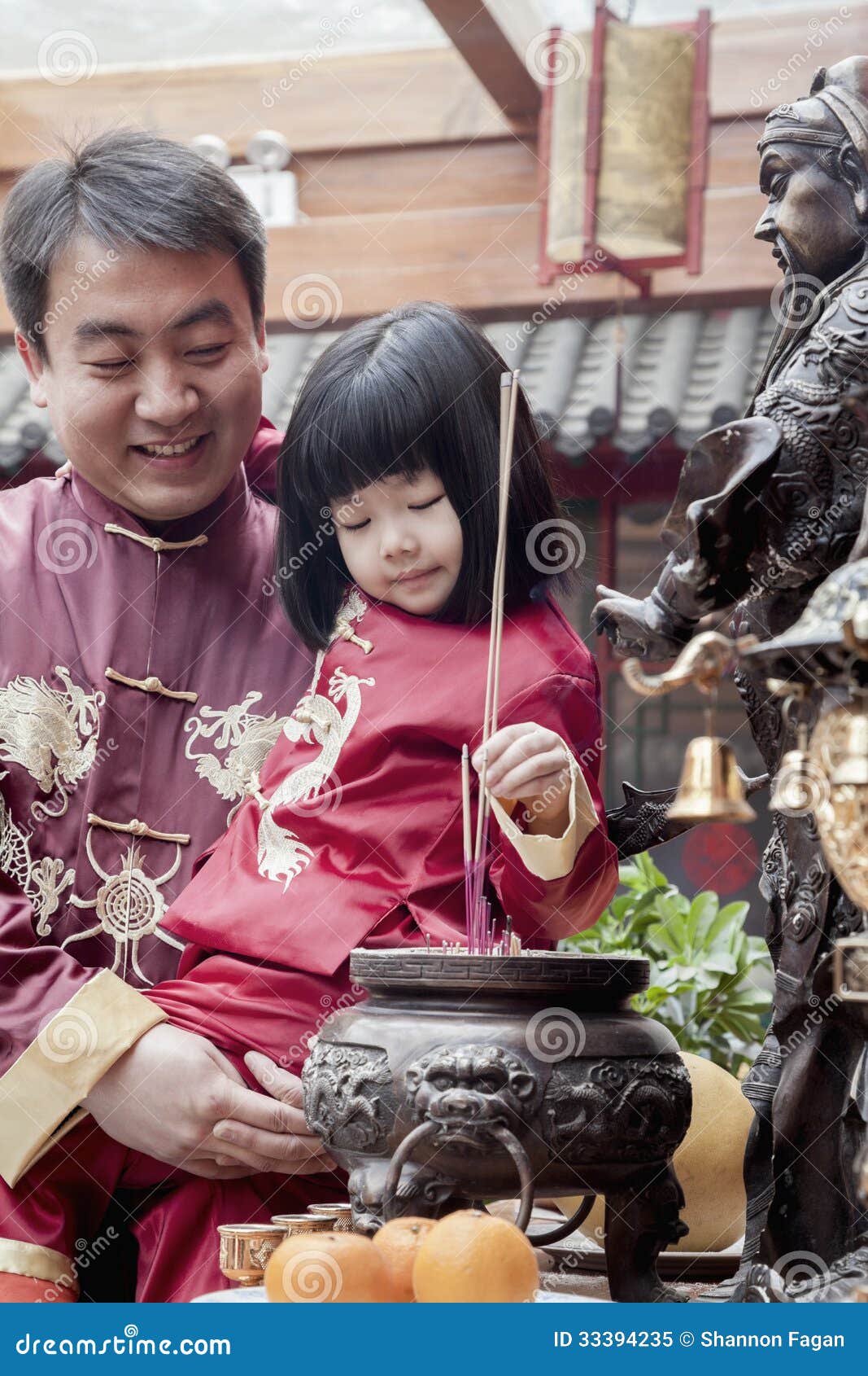 Father and Daughter Offering Incense at the Temple in Beijing Stock ...