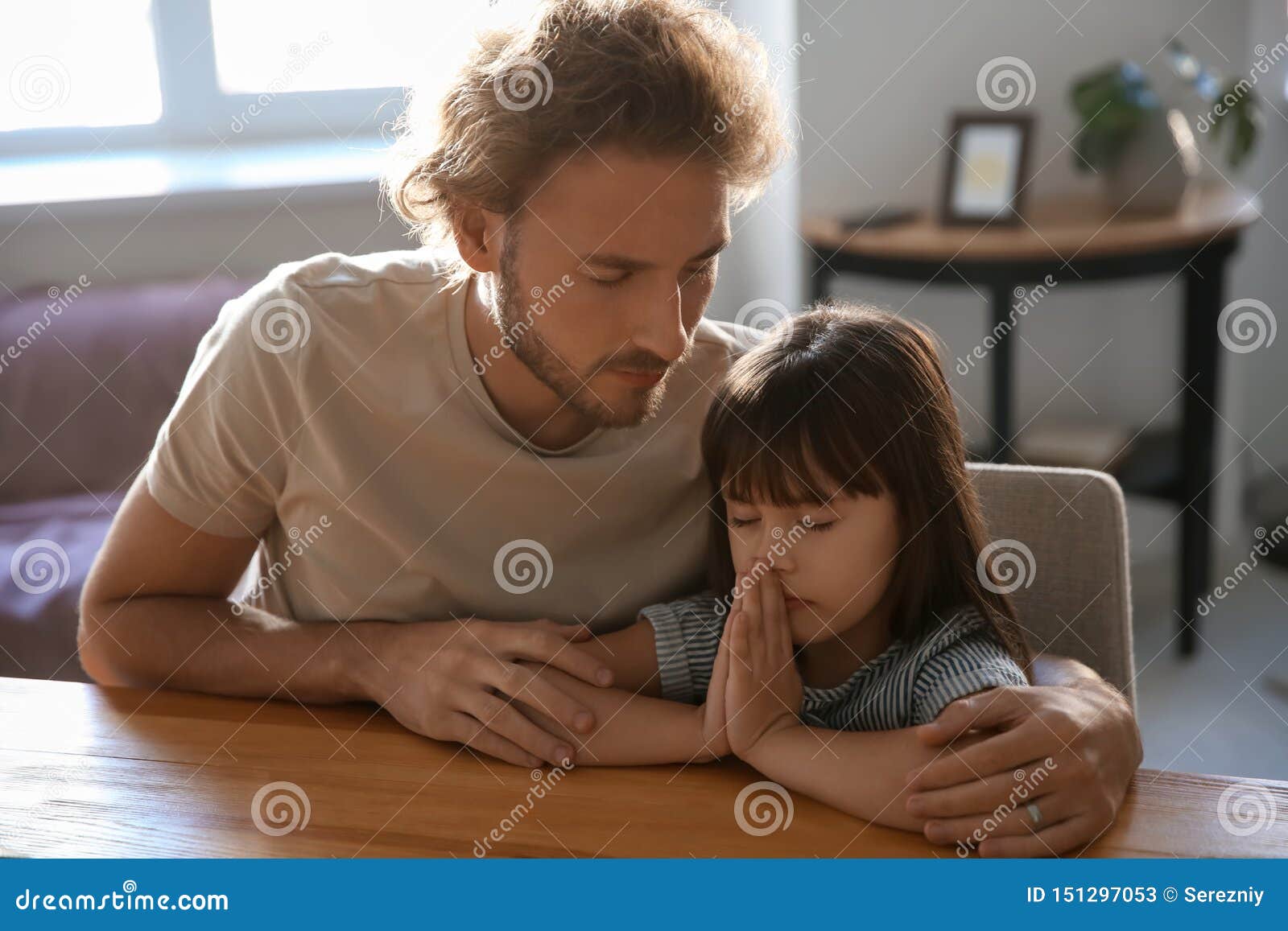 Father with Daughter Praying at Home Stock Image - Image of grace ...