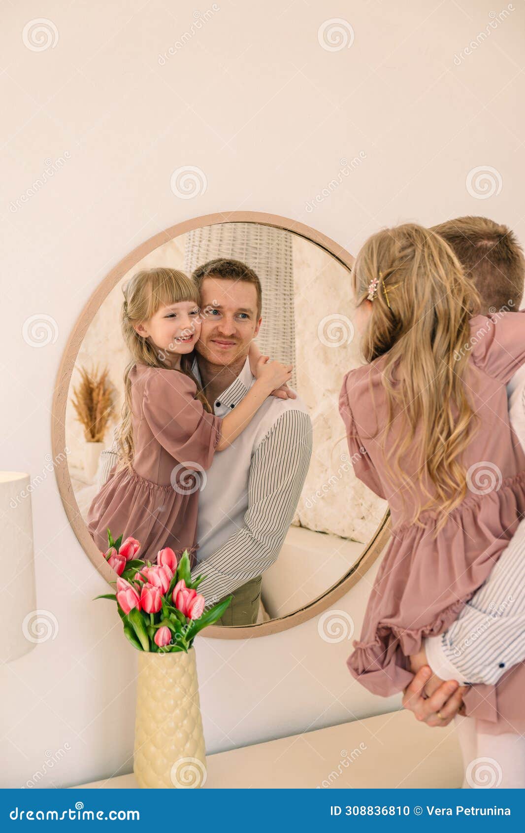 Happy Father with Daughter Reflection in the Mirror Stock Photo - Image ...