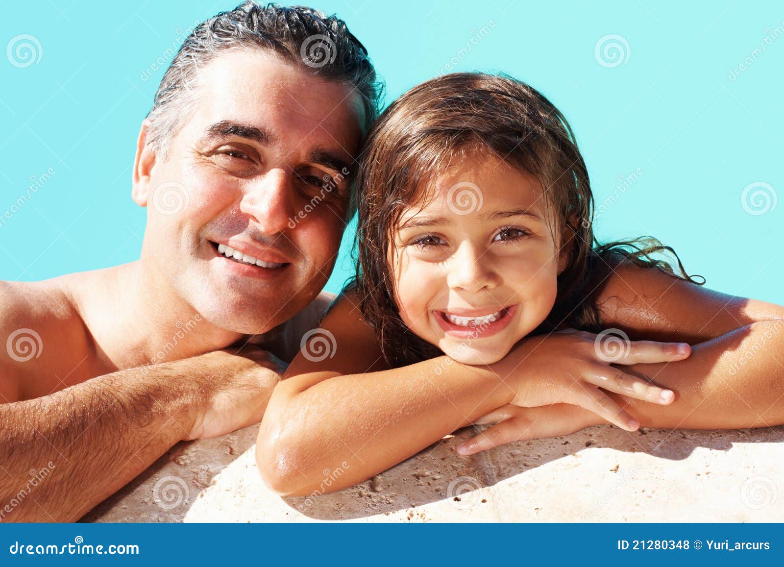 Father and Daughter Resting Near Pool Stock Photo - Image of freedom ...