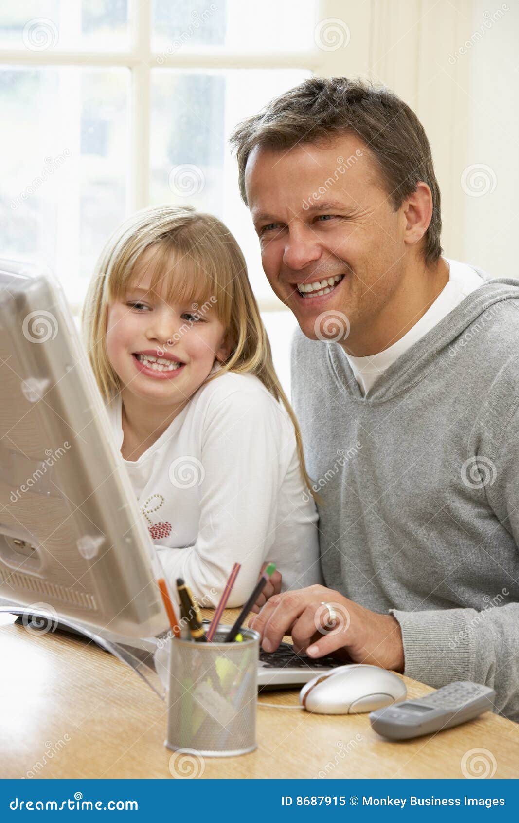 Father and Daughter Using Computer Stock Image - Image of indoors ...