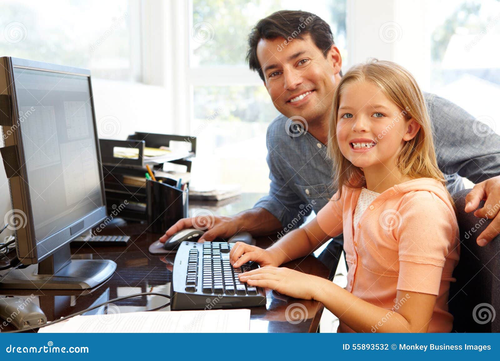 Father and Daughter Using Computer in Home Office Stock Photo - Image ...