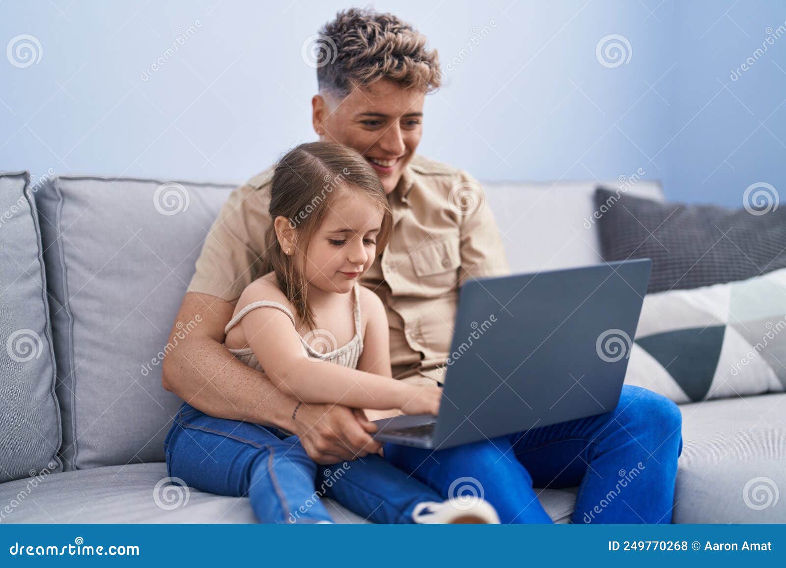Father and Daughter Father and Daughter Using Laptop at Home Stock ...