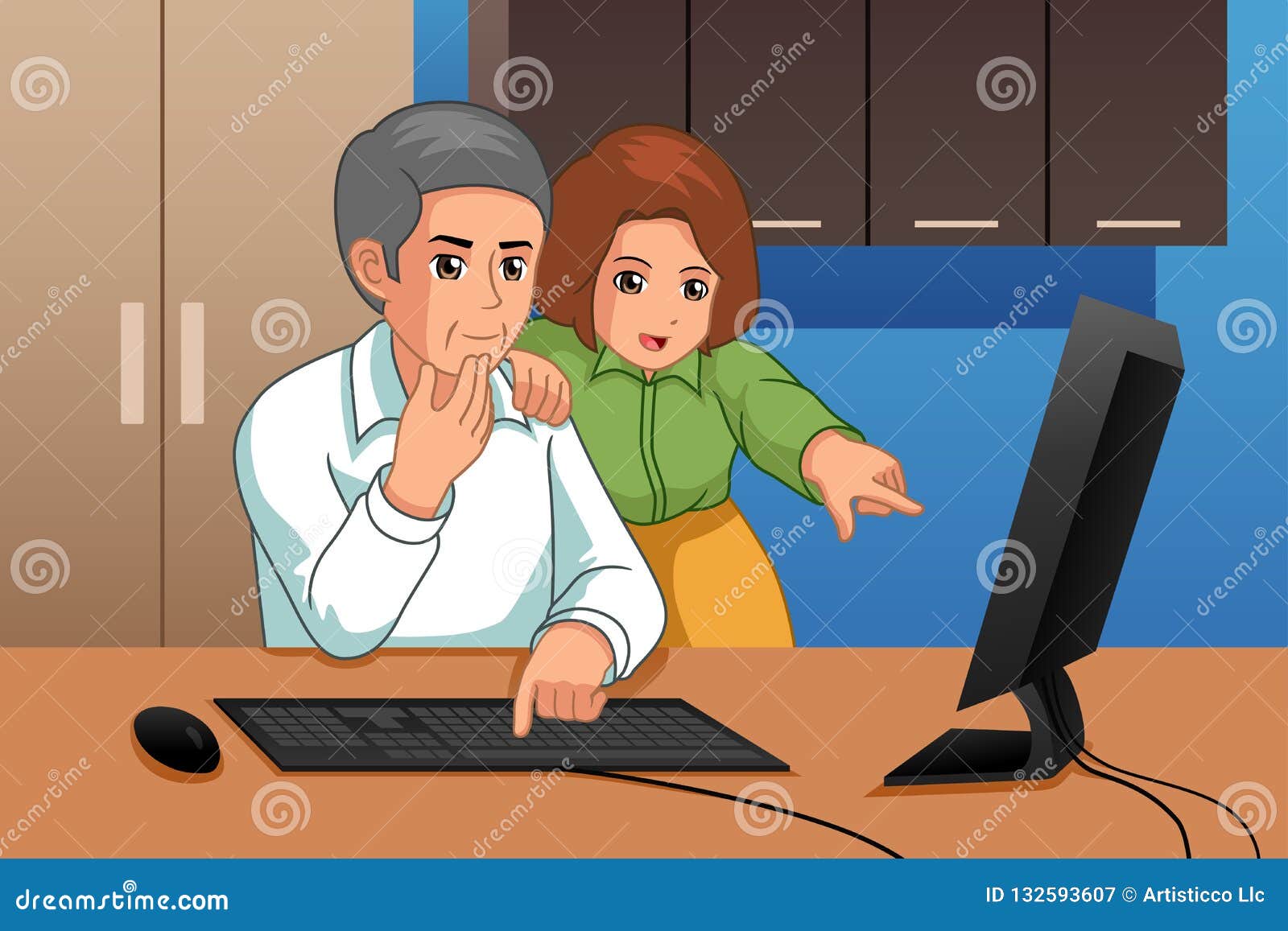 Father and Daughter Working on Computer Illustration Stock Vector ...