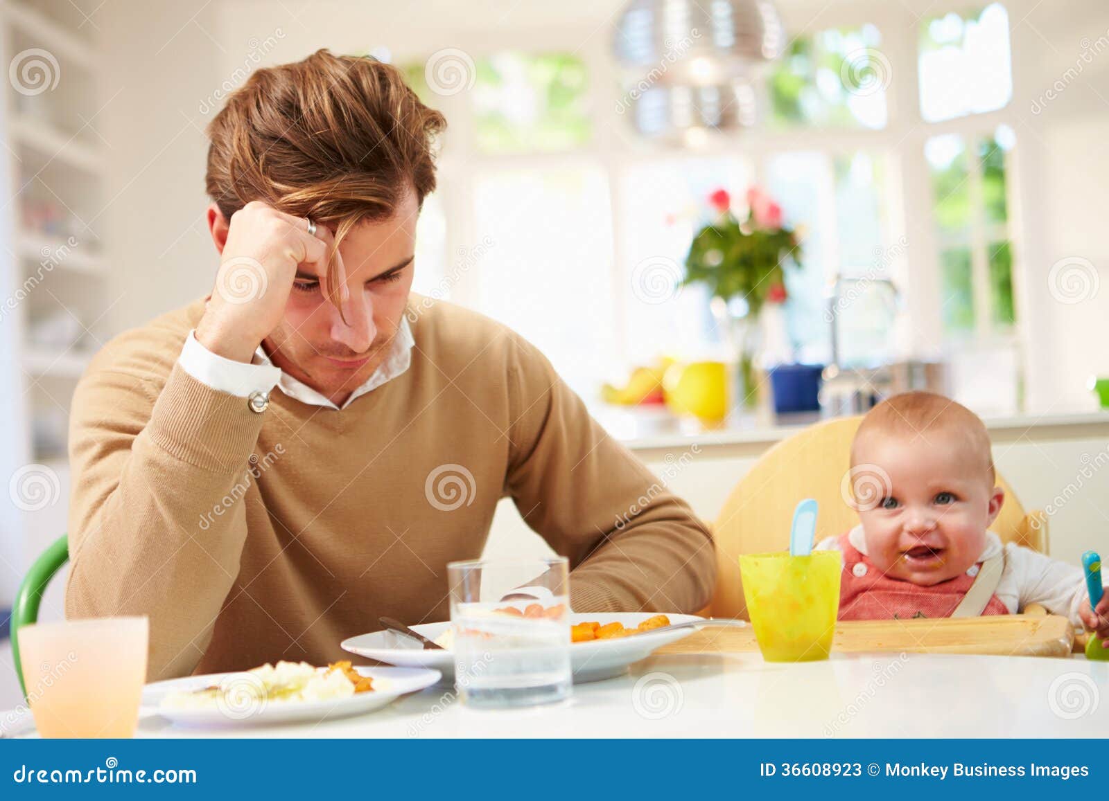 Father Feeling Depressed at Baby S Mealtime Stock Image - Image of ...