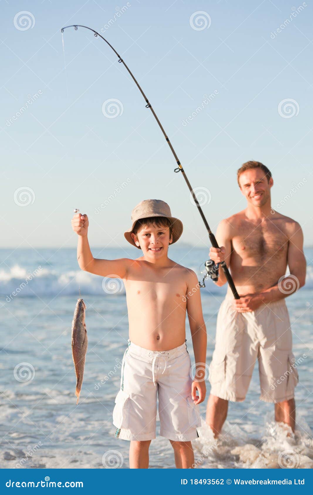 Father And Son Fishing. Nice Catch. Rod And Tackle. Fisherman Fishing ...