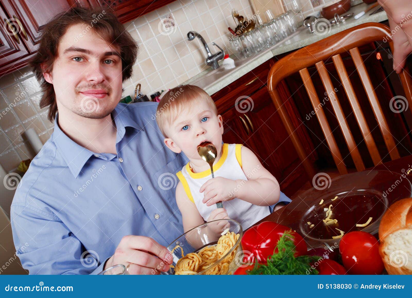 Father Son Eat Food And Have Fun. Menu For Children. Family Enjoy ...
