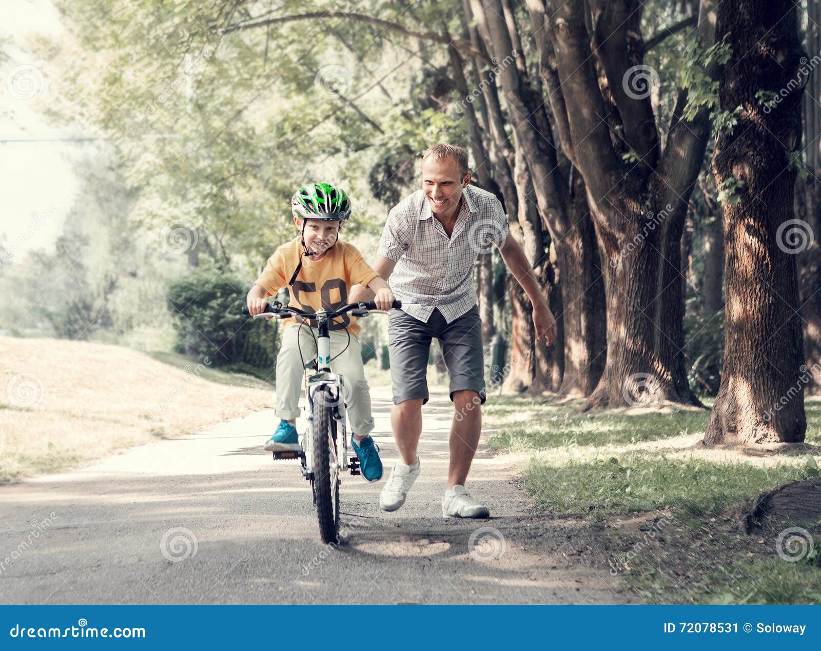 Father Help His Son Learn To Ride Bicycle Stock Image - Image of health ...