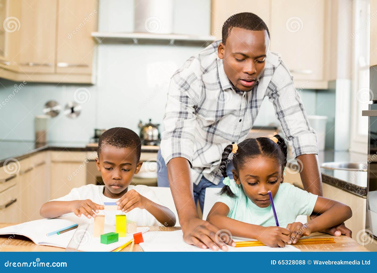 Father Helping Children for Homework Stock Photo - Image of childhood ...
