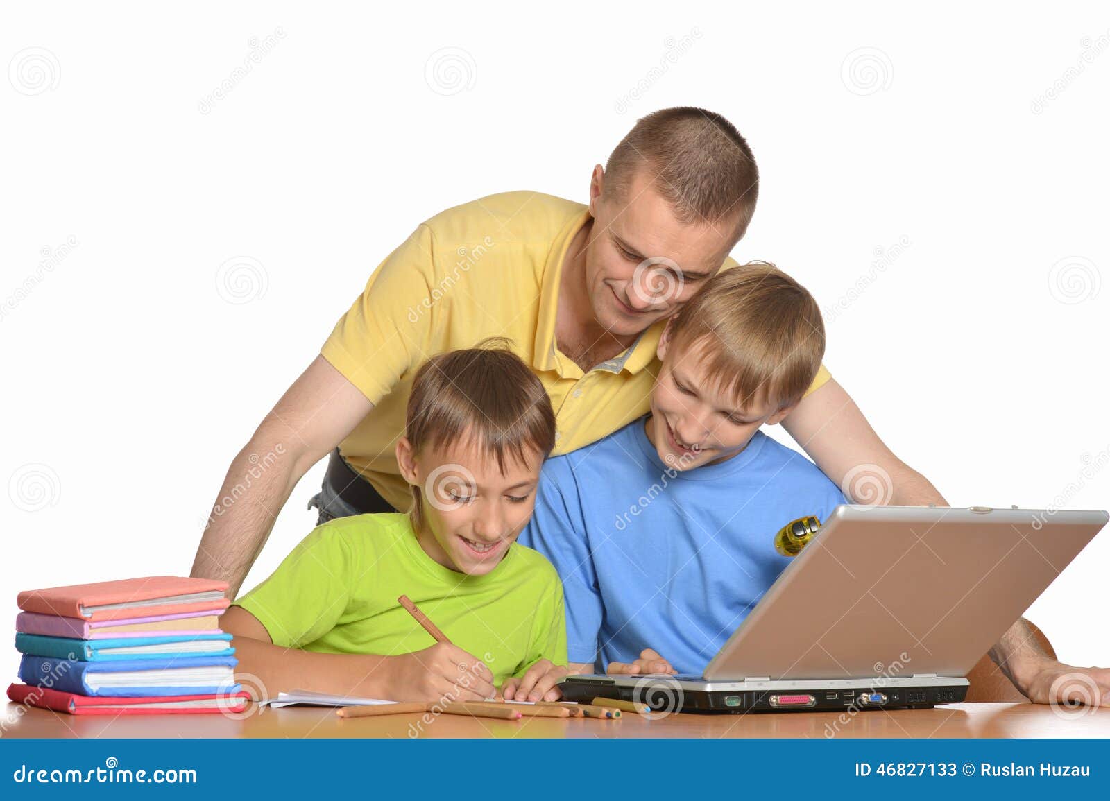 Father is Helping Kids with Homework Stock Image - Image of kids, head ...
