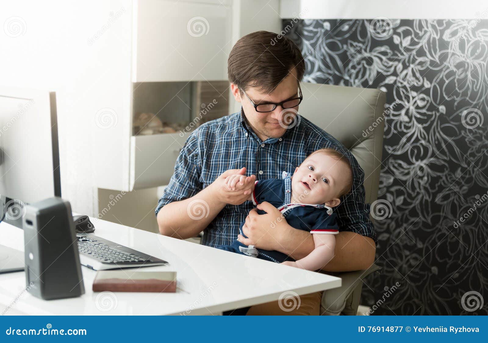 Father with His Baby Son Working at Office Stock Image - Image of ...