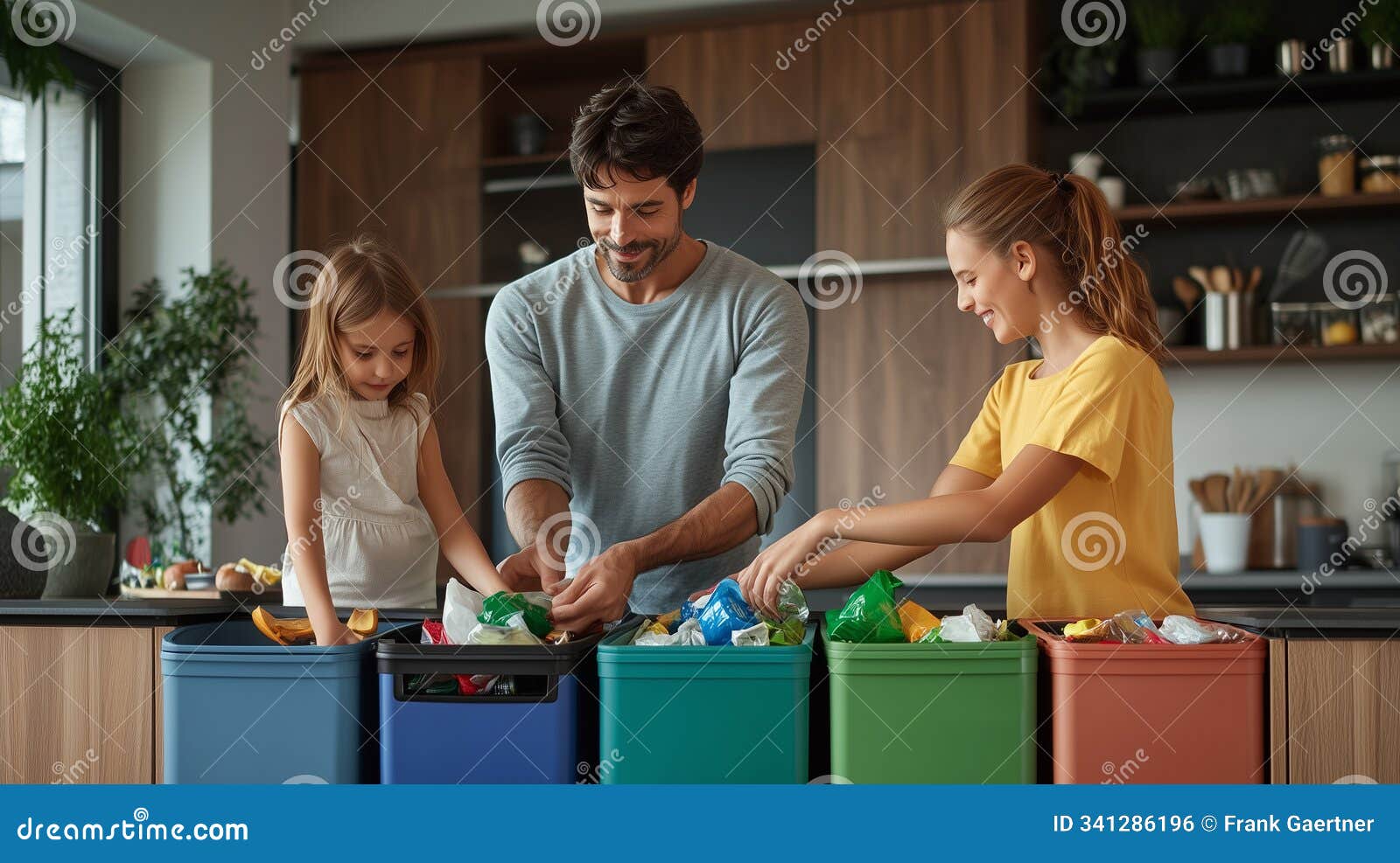 Father and His Daughters Sort Recyclables into Separate Bins in Their ...