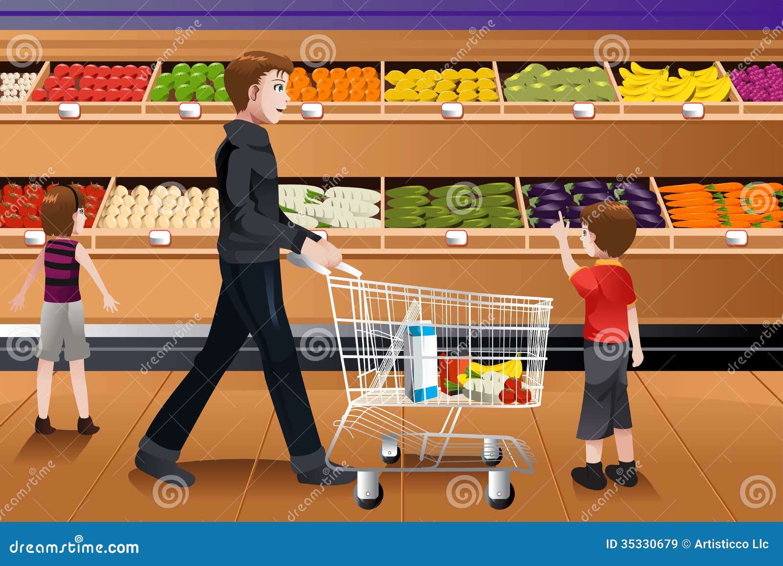 Father and His Kids Doing Grocery Shopping Stock Vector - Illustration ... Father and His Kids Doing Grocery Shopping Stock Vector - Illustration ...
