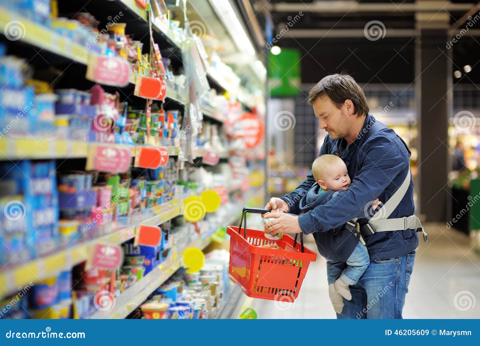 Father and His Son at Supermarket Stock Image - Image of diaper, active ...