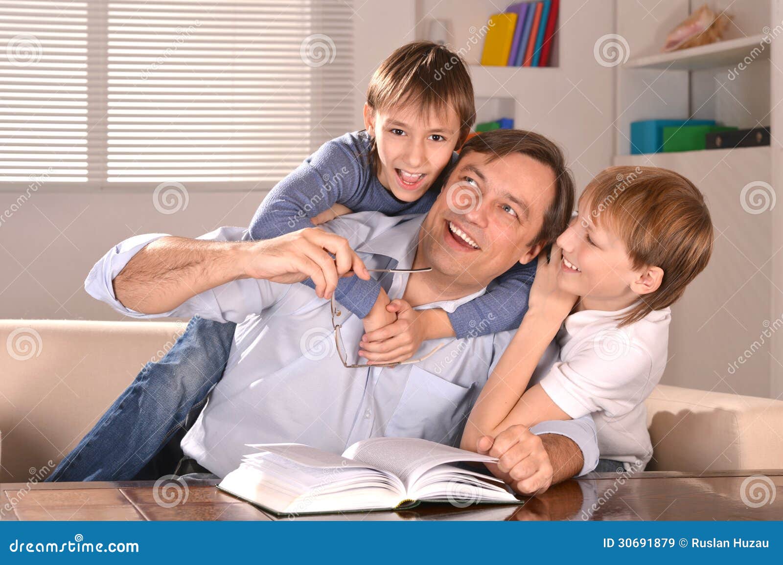 Father and His Two Sons at Home Stock Image - Image of love, optimistic ...