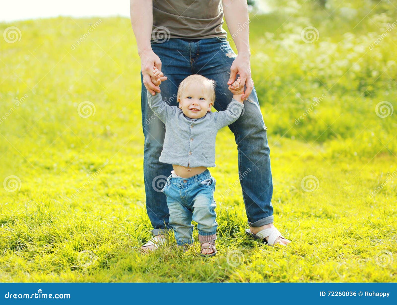Father Holding Hands Baby Walking on Grass in Summer Stock Photo ...